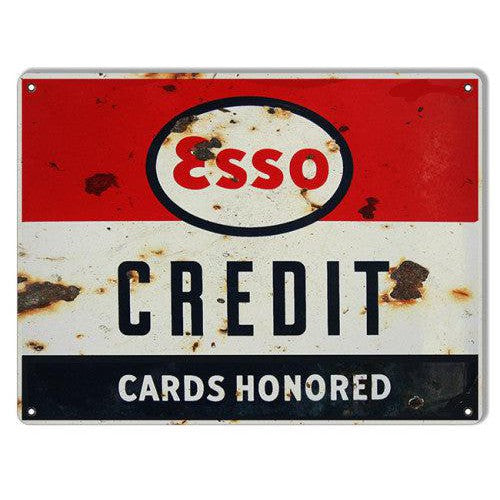 Aged Esso Credit Cards Honored Metal Sign – Grease Monkey Garage