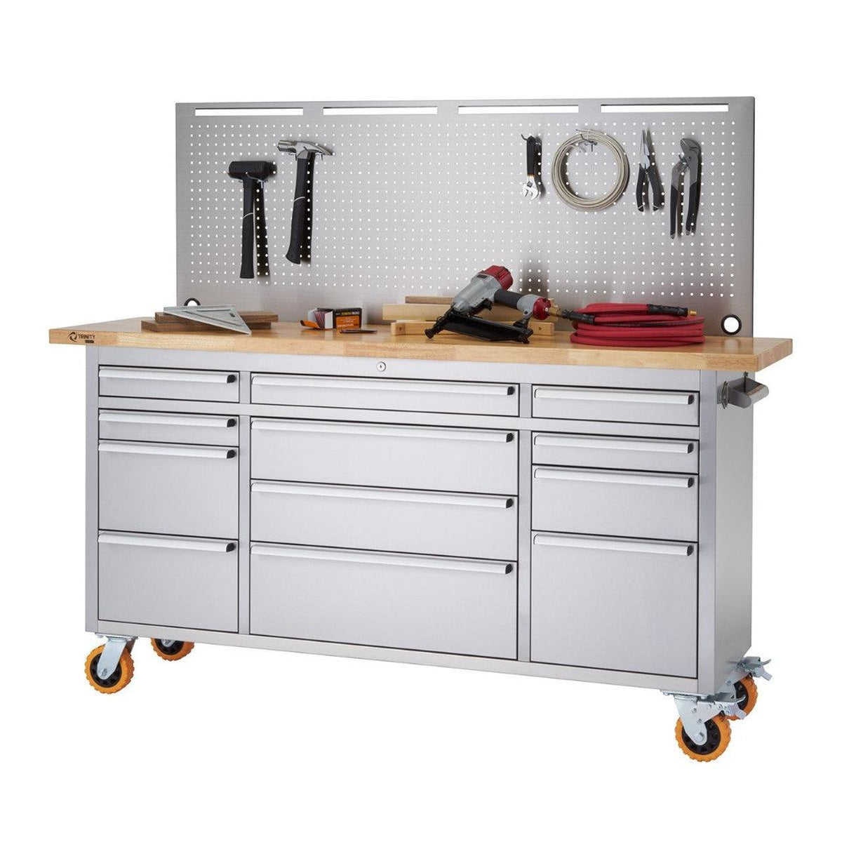 Trinity Professional Stainless Steel Rolling Workbench with Pegboard 72 ...