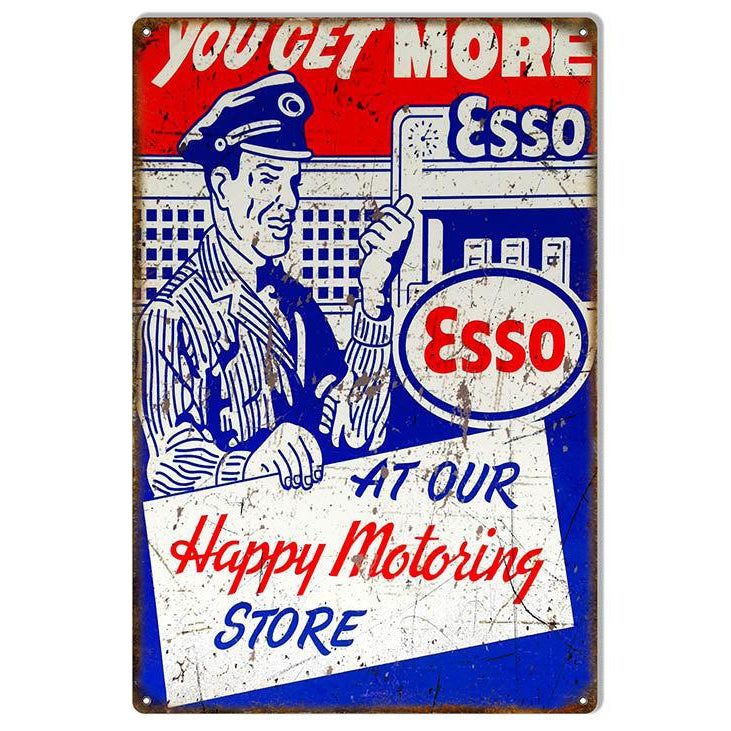 Aged Esso Happy Motoring Store Metal Sign – Grease Monkey Garage