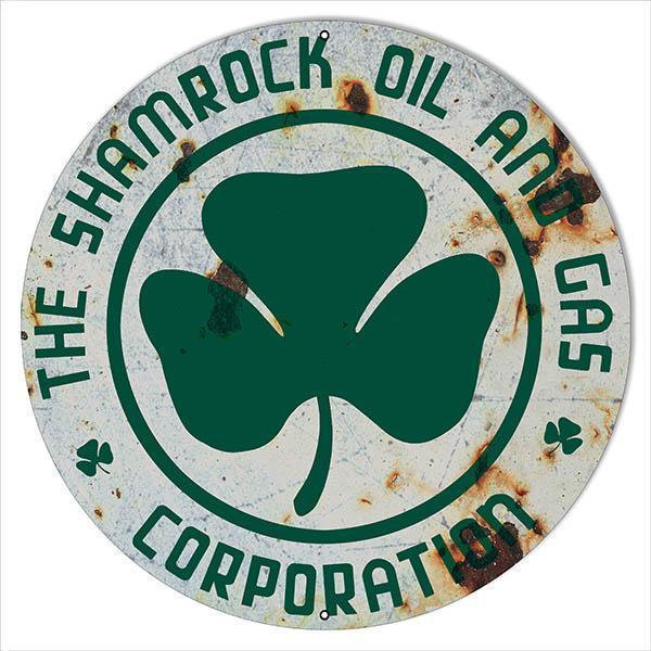 Aged Shamrock Oil And Gas Corporation Metal Sign – Grease Monkey Garage